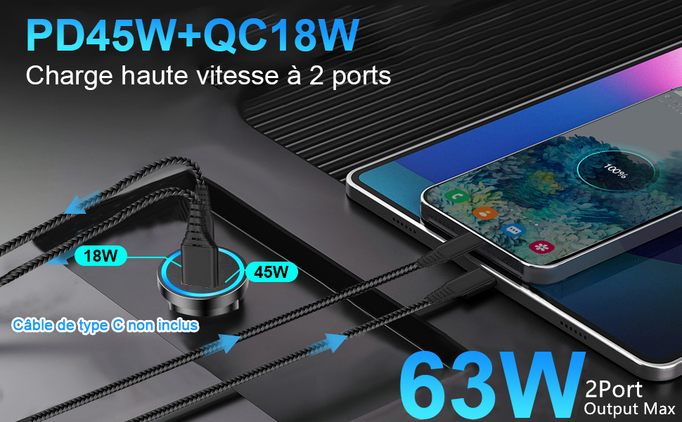 63W Chargeur Voiture USB C 45W & USB A 18W avec Cable pour Samsung Galaxy S24/S23 Plus/S25 Ultra ...