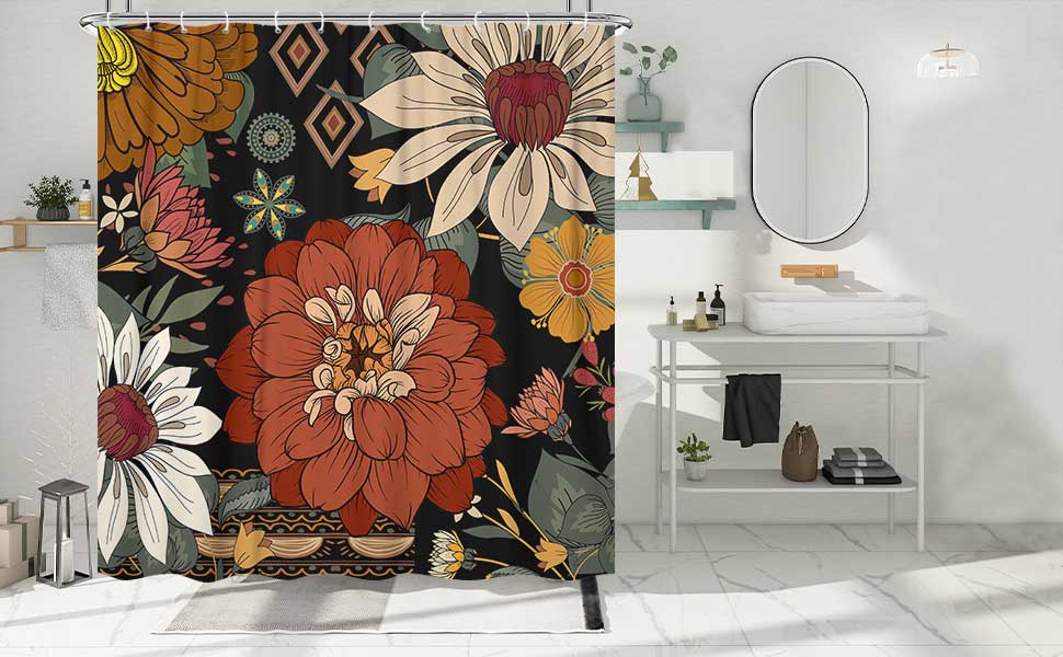 Amazon.com: Retro Boho Floral Shower Curtain, Abstract Bohemian Botanical Flowers Shower Curtain ...