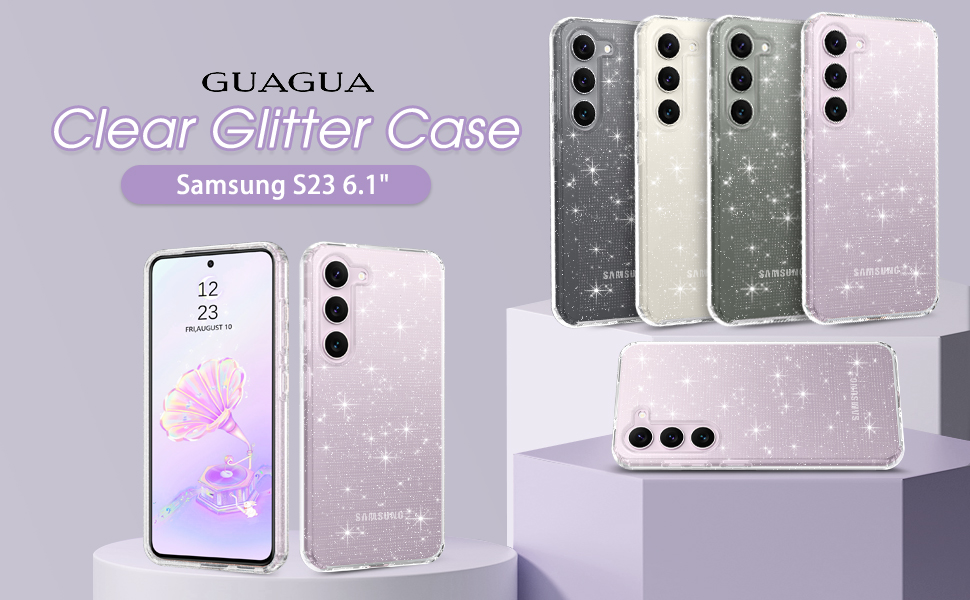 GUAGUA Case for Samsung Galaxy S23 6.1 Inch Crystal Clear Flexible Soft TPU Cover Glitter Bling ...