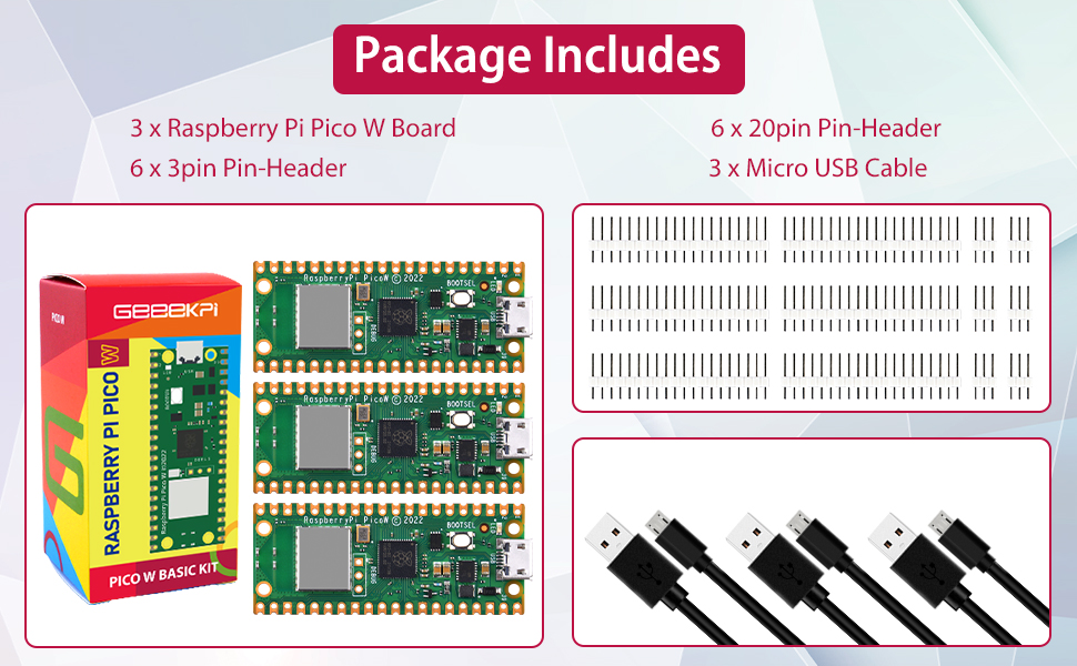 GeeekPi 3Pack Raspberry Pi Pico W Kit- Raspberry Pi RP2040 Chip, Wi-Fi Wireless Connectivity ...