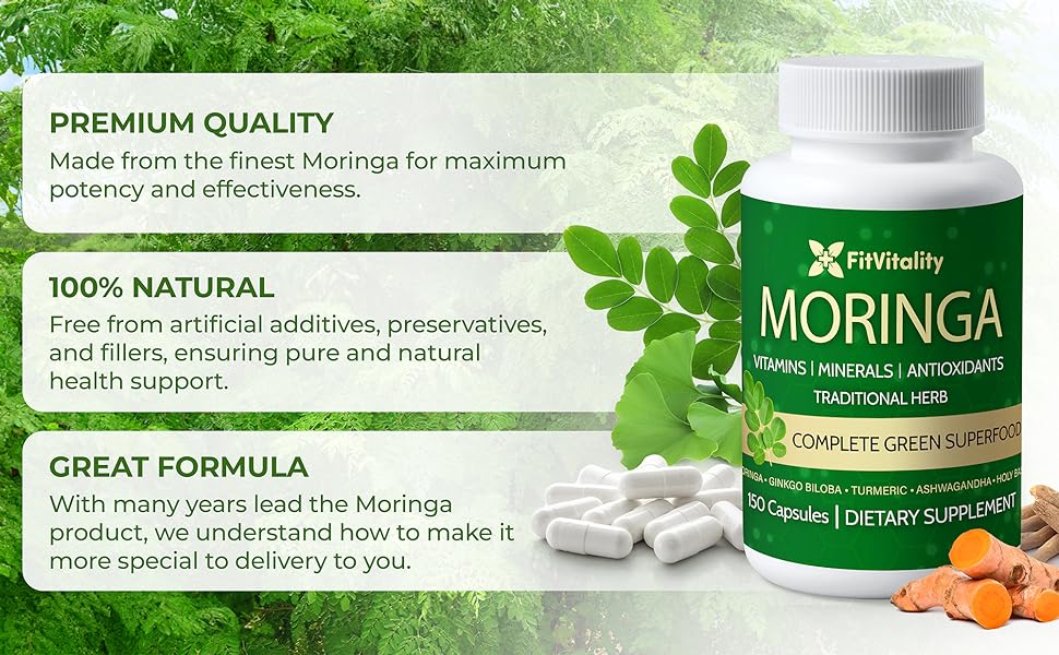 Amazon.com: FitVitality, 150 Veggie Moringa Premium Capsules –Moringa Leaf, Ginkgo Biloba Leaf ...