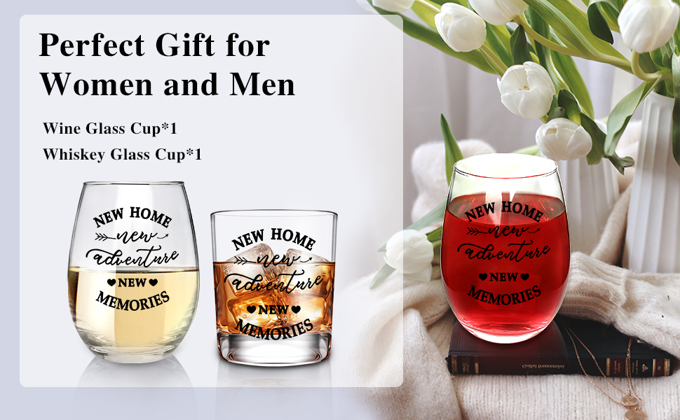 Amazon.com | ONEHAUS New Home New Adventures Wine and Whiskey Glass Gift Set - Unique ...