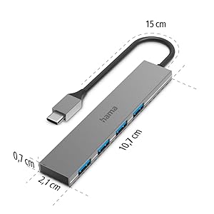 Hama Multiport USB Hub, USB C Hub Multiport Adapter- 4 in 1 Portable Type C Hub, USB 3.2 Gen1 ...