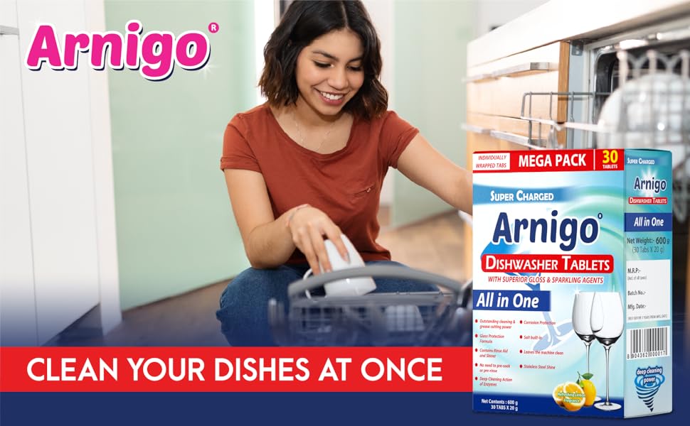Arnigo Super Charged All In One Dishwasher Tablets for Outstanding Cleaning, Contains Rinse Aid ...