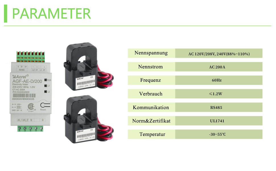 Acrel AGF-AE-D/200 UL1741 Standard 120 V/240 V Einphasen-3-Draht-Energiezähler Meter für die ...