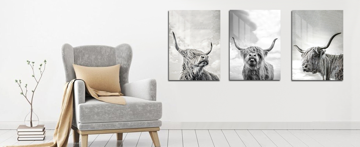 Amazon.de: LXTOPN Hochlandrind Leinwand Bilder, highland cow bild, 3er Set Schwarz-Weiß hochland ...