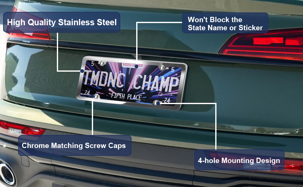 ELECTRONLUMEN Stainless Steel License Plate Frames Silver Fit Standard CA License Plate 4 Holes ...