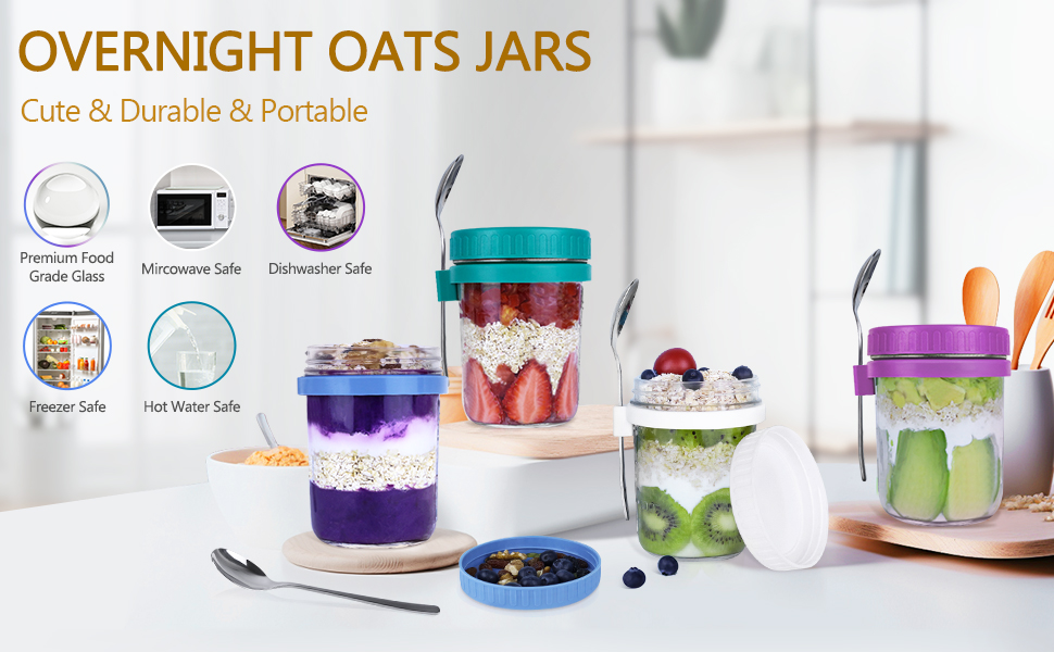 Amazon.com: Creamhoo Overnight Oats Containers with Lids and Spoon, Thick Glass Overnight Oats ...