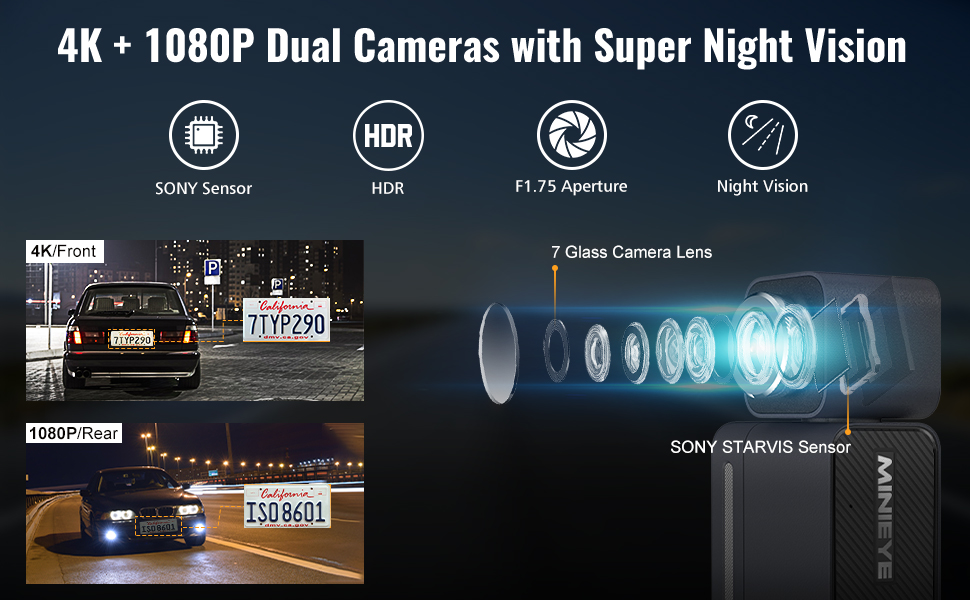 MINIEYE C2M 4K ADAS HD Dash Cam for Car,Front and Rear Dash Cam, Free 32GB Card App Control ...