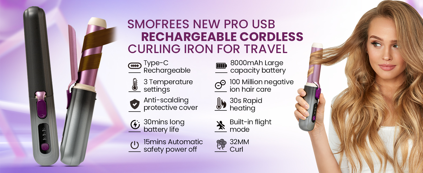 Amazon.com: Cordless Curling Iron, Smofrees 8000mAh USB Rechargeable Travel Curling Wand with ...