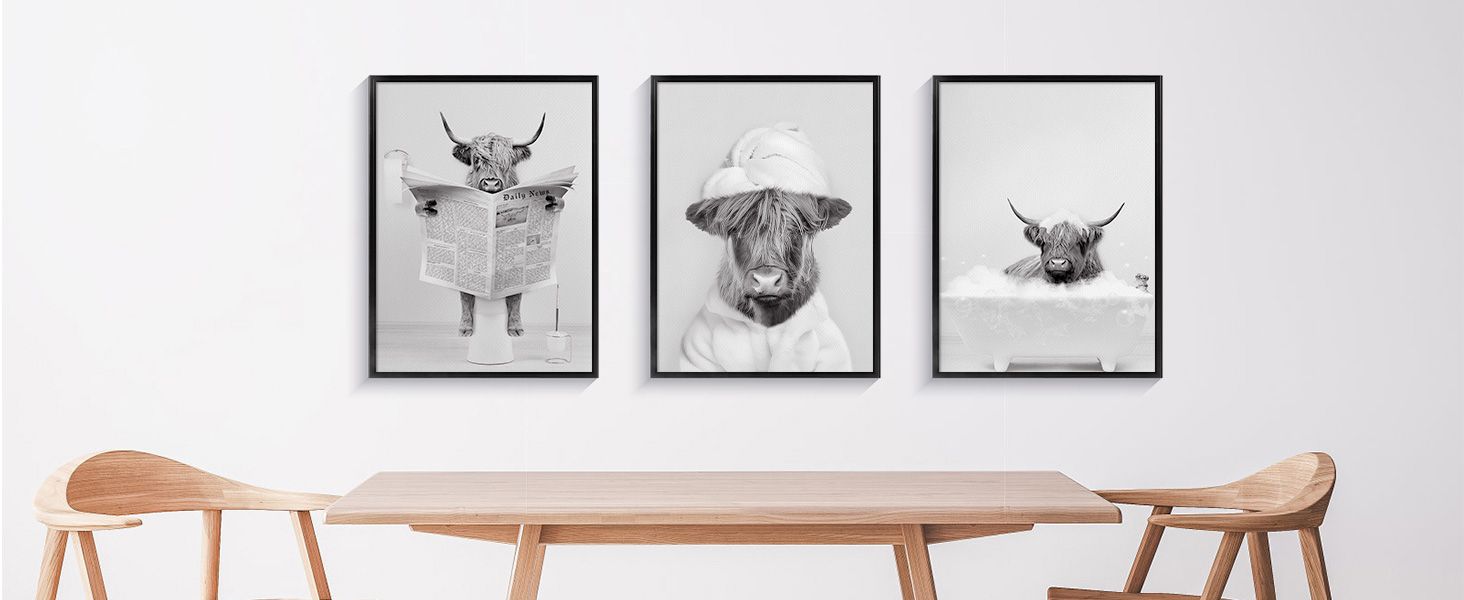 Amazon.de: Highland Cow bild deko Badezimmer,Lustige Schwarz Weiß Tier Hochlandrind Kunst Bilder ...