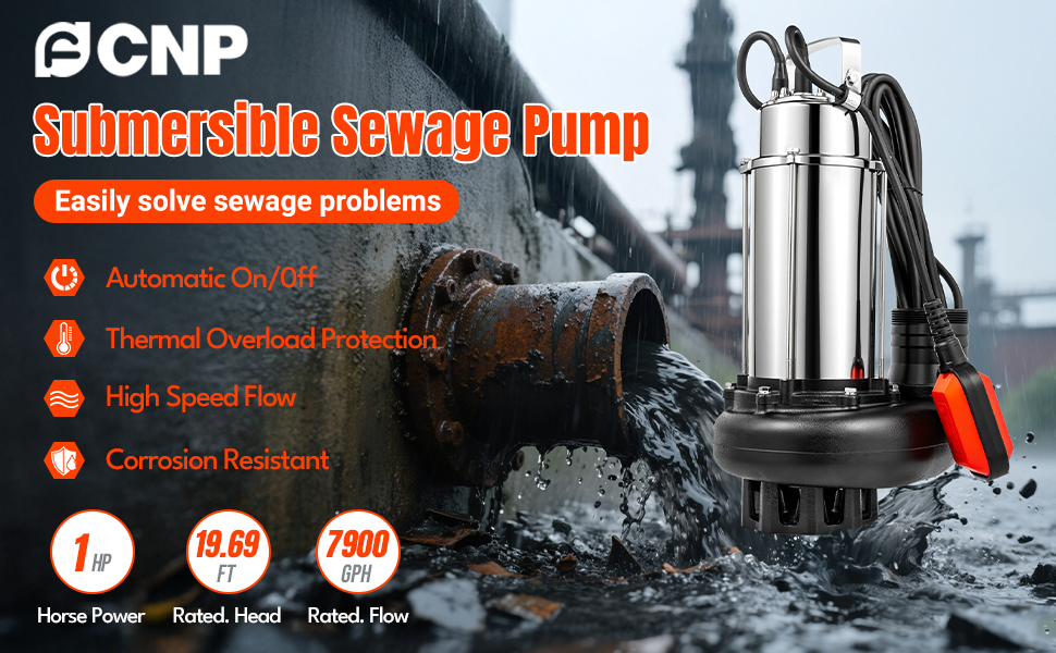 FCNP 1HP 115V 7900GPH Submersible Sump Pump with Automatic Float Switch, Sewage Pump for Sump ...