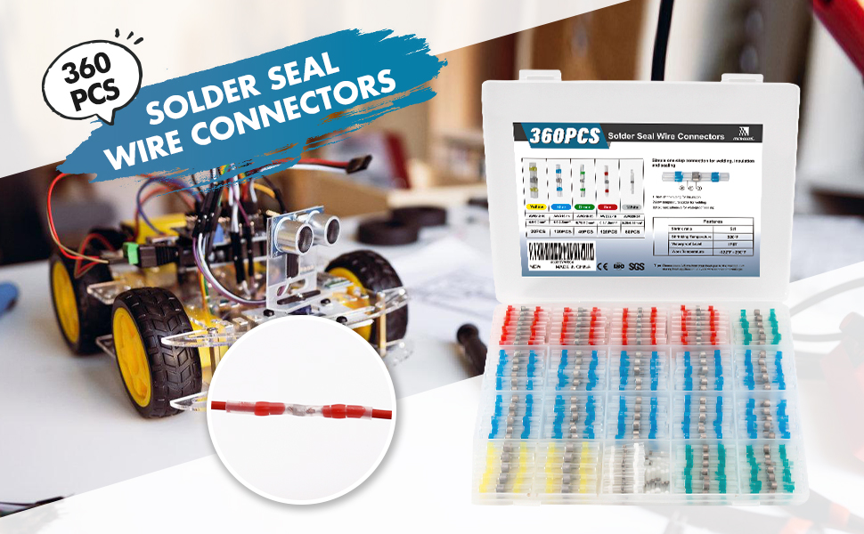 Solder Seal Wire Connectors Kit - 360PCS Heat Shrink Solder Stick Butt Connector Waterproof ...