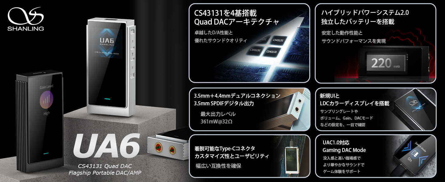 Amazon | Shanling UA6 Quad DAC搭載フラッグシップポータブルDAC/AMP シャンリン USB DAC CS43131×4 ディスプレイ 4.4mmバランス 3 ...
