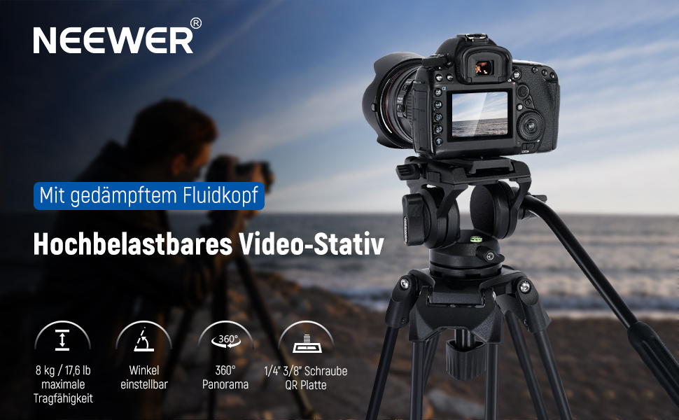 NEEWER 74"/189cm Pro Videostativ mit Fluidkopf,strapazierfähig Aluminiumstativ mit 360°Schwenk ...