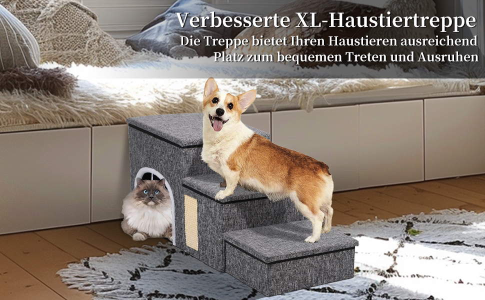 Upgrade XL Hundetreppe Bett, 90L*35B*43H cm, Faltbare Hundetreppe mit breiteren Stufen, 3 Stufen ...