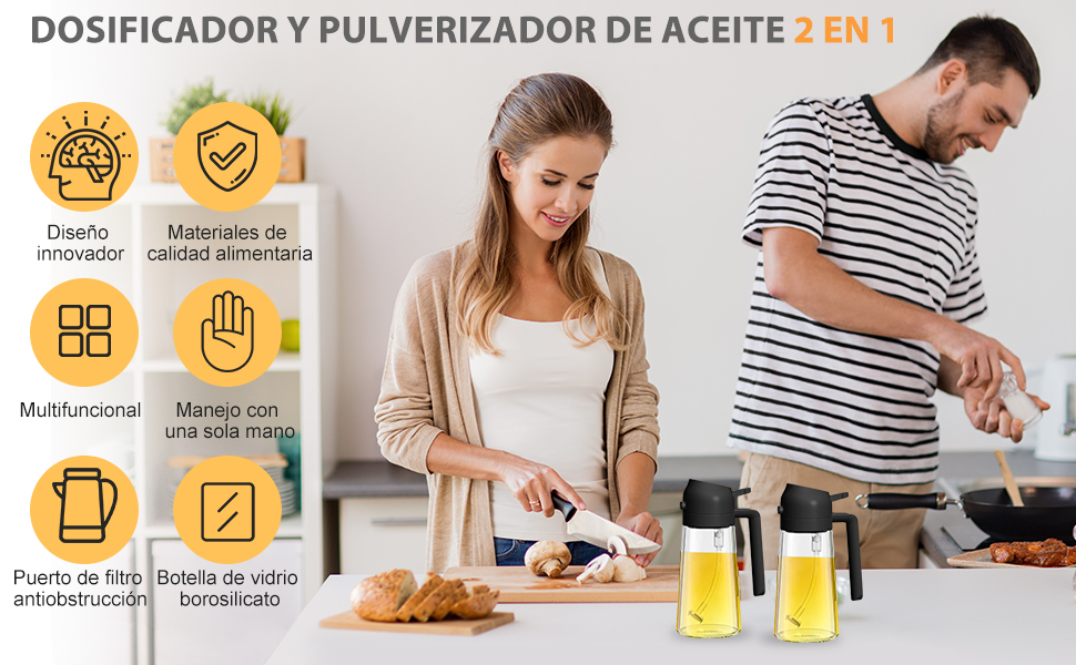 Botella Dispensadora de Aceite para la Cocina 2pcs,16oz/470ml Dispensador y Pulverizador de ...