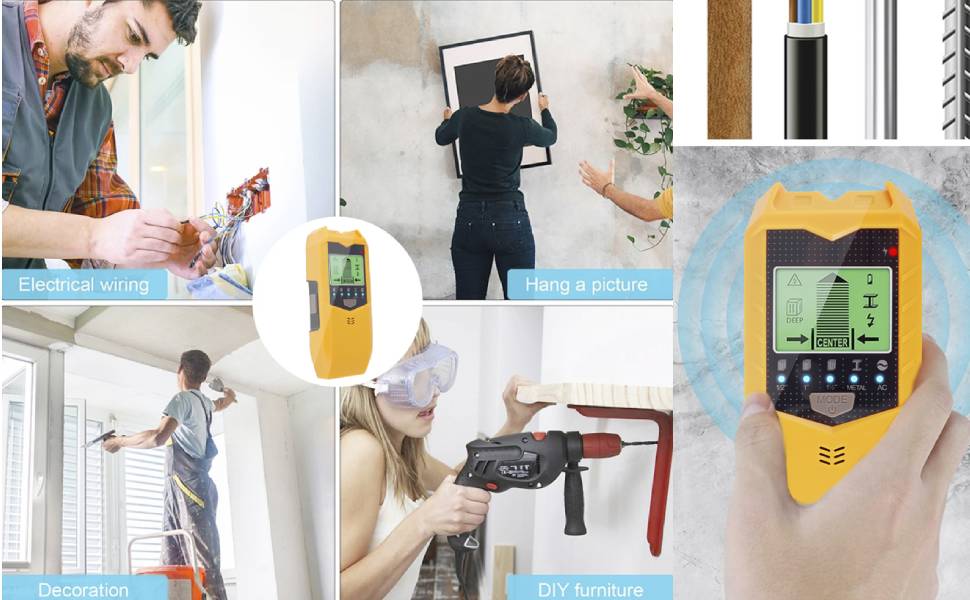 GUANSHANG Stud Finder Sensor 5 in 1 Battery Operated SH402 Wall Scanner Detector Portable ...