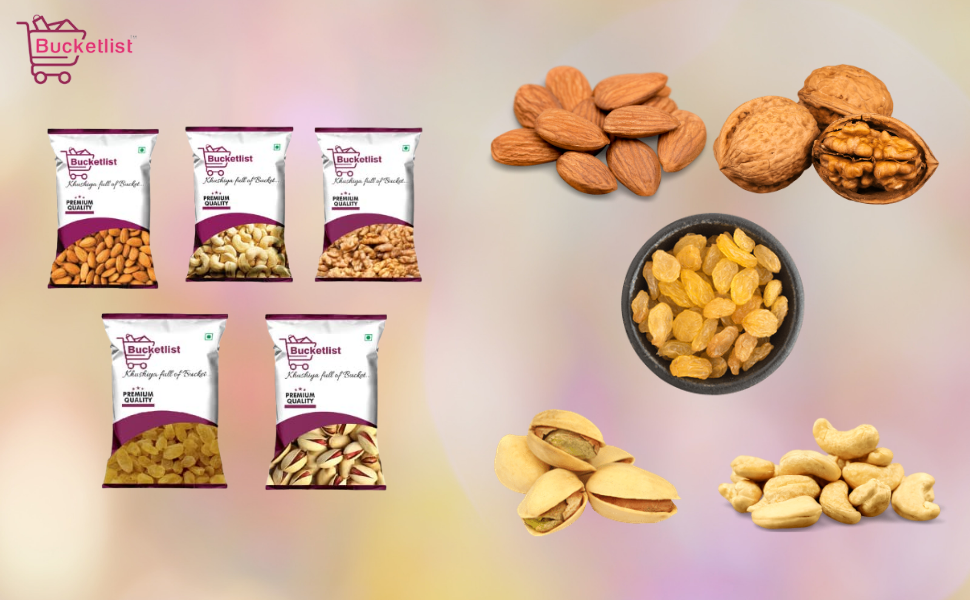 Bucketlist Dry Fruits Combo Pack - (250g * 5) 1250g (Almonds, Cashews, Pistachios, Raisins ...