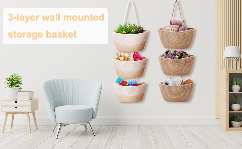 Gearific Over the Door Hanging Basket, 3-Tier Cotton Rope Wall Mount ...