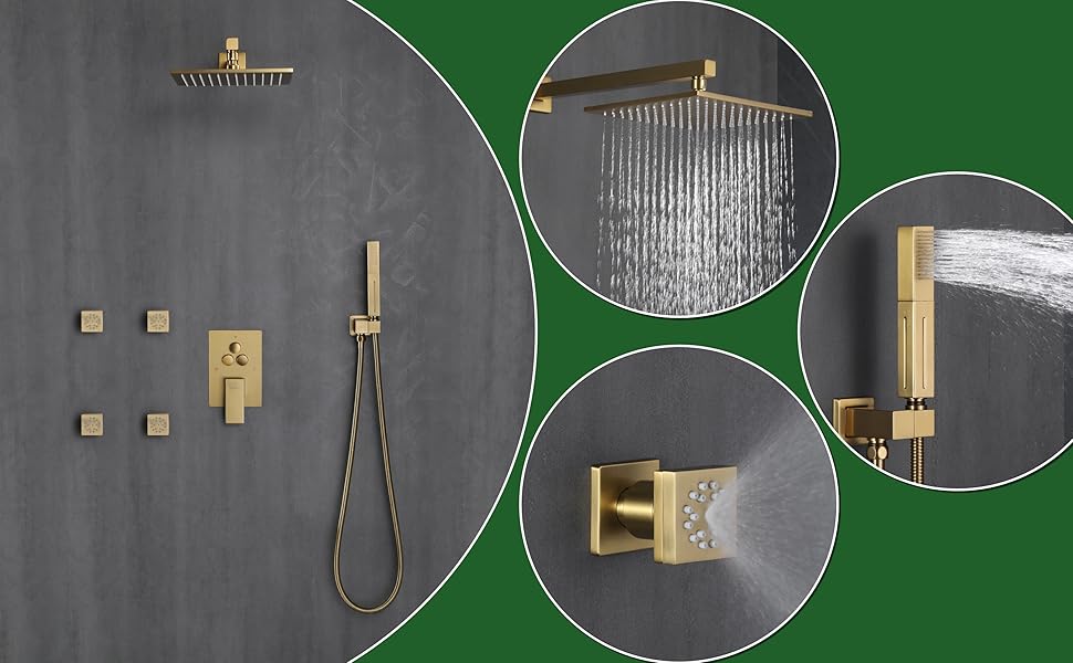 VANFOXLE Shower Faucet Set Brushed Gold Shower System with 4 PCS Body Jets,Push Button Diverter ...