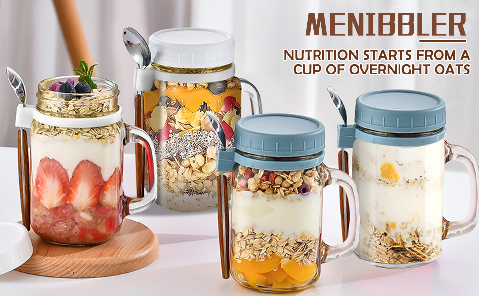 MENIBBLER 2 Pack Overnight Oats Jars,Overnight Oats Container with Lid and Spoon,16oz Glass ...