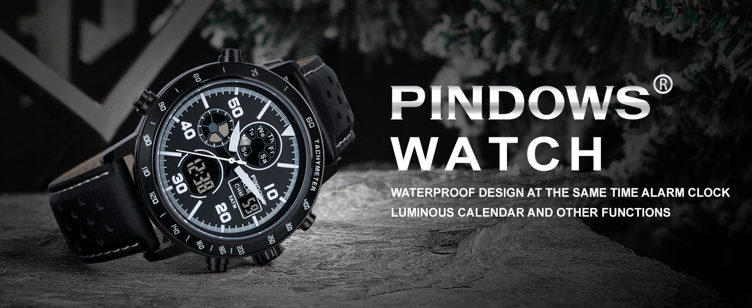 Buy PINDOWS Watch for Men Brown Leather Analog Digital Sport Multifunction Luminous LED Dial ...