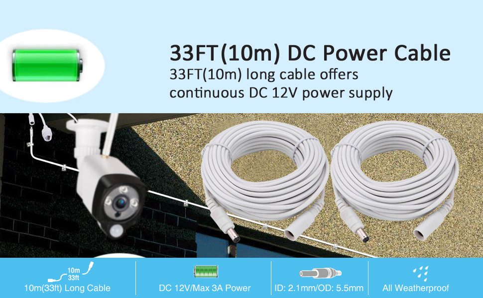 2 Pack Tonton White Power Extension Cable 33ft 10M 2.1mm x 5.5mm Compatible with 12V DC Adapter ...