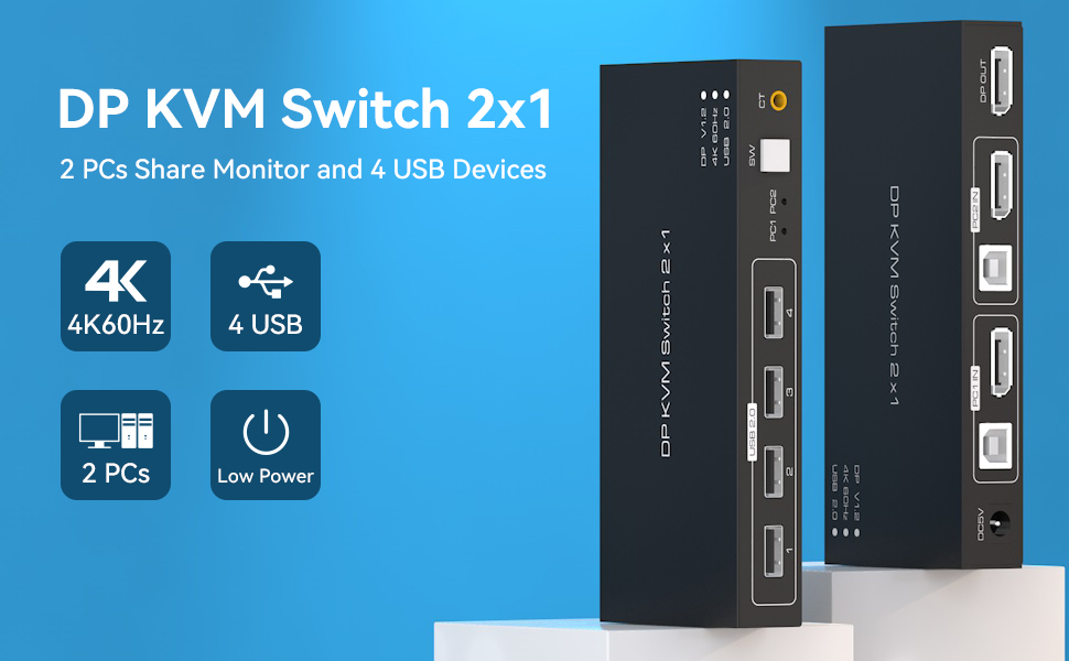 Amazon.com: KVM Switch DisplayPort 2 Port 4K 60Hz USB2.0 DP 1.2 for DP ...