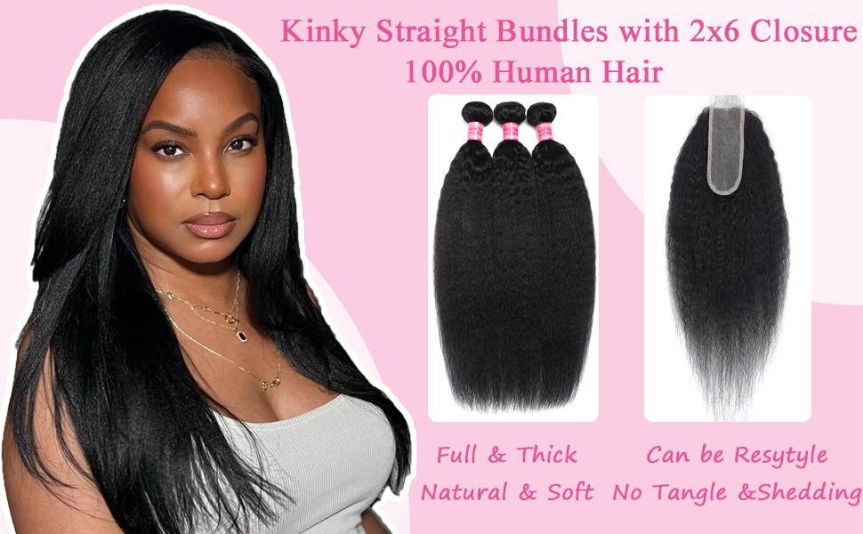 Amazon.com : Kinky Straight Bundles with 2x6 Closure (16 18 20+14) 100% Unprocessed Yaki ...