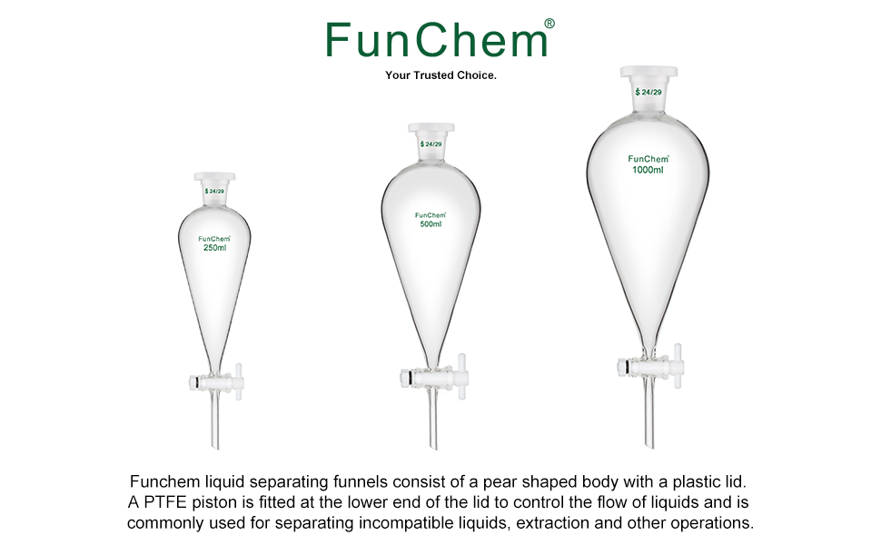 FunChem Conical Separatory Funnel 250 mL with 24/29 Joints and PTFE Stopcock, Borosilicate Glass ...