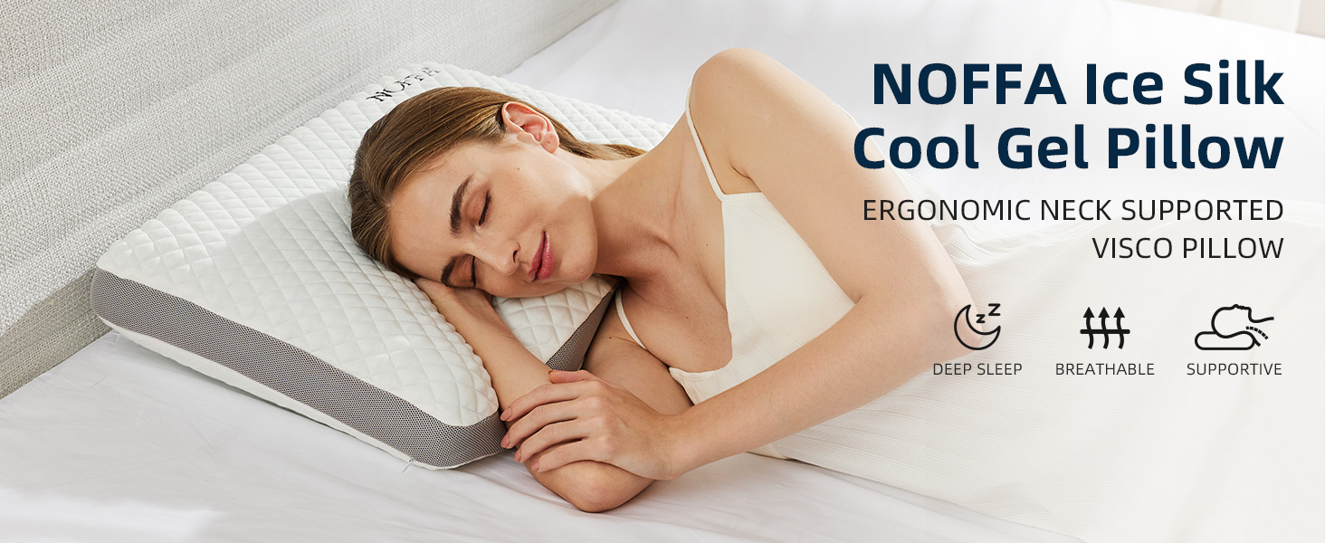 NOFFA Cooling Pillow Gel Oreiller Mousse Memoire, Ice Silk Memory Foam Pillow Side Sleeper, Flat ...