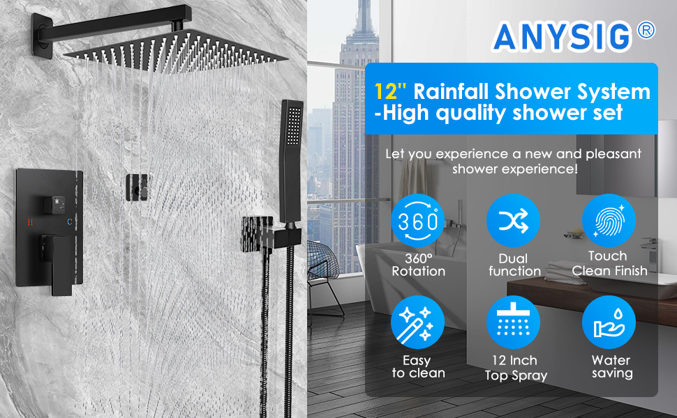 Shower Faucet Set - 12" Matte Black Shower Head and Handle Set : Ceiling Rainfall Shower System ...