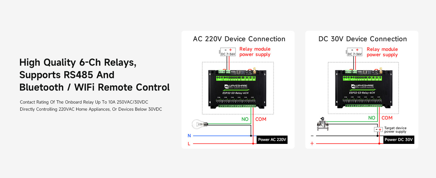 Waveshare Industrial 6-Channel ESP32-S3 WiFi Relay Module, Onboard RS485 / Pico HAT Interfaces ...