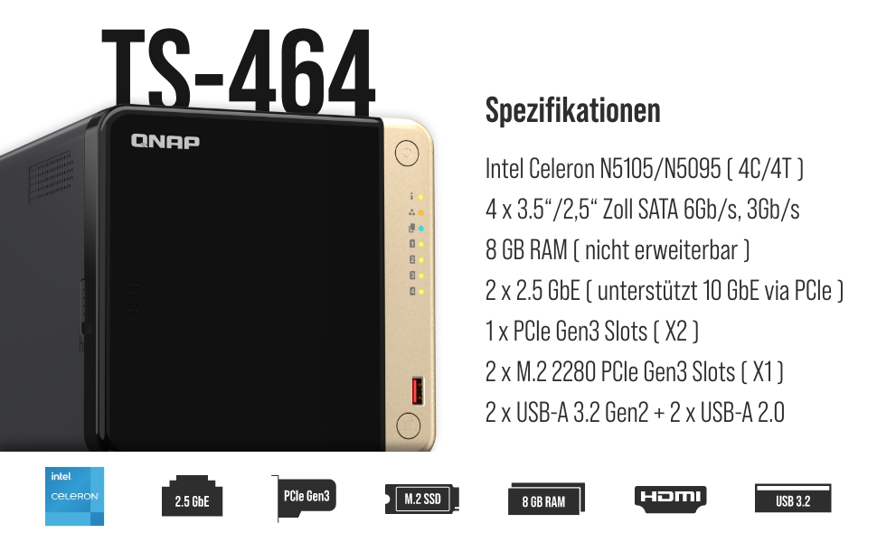 Qnap TS-464-8G | 4-Bay, PCIe Gen3, 2.5GbE Tower NAS: Amazon.de: Computer & Zubehör