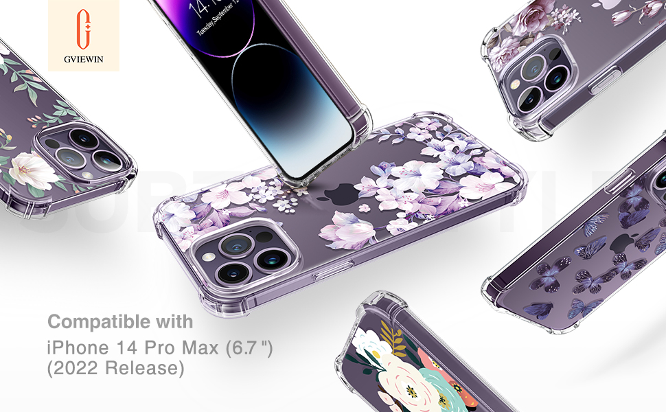 GVIEWIN Designed for iPhone 14 Pro Max Case, Screen Protector + Camera Lens Protector Flower ...