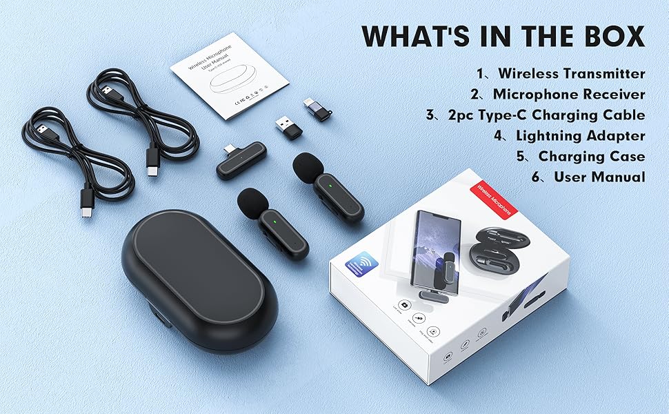 Wireless Lavalier Microphone for iPhone Android Camera USB-C with Charging Case, Noise Canceling ...