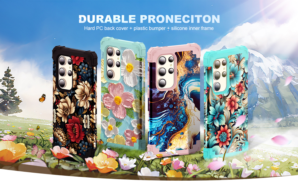 Amazon.com: SleekCover for Galaxy S24 Ultra Case,3 in 1 Floral Pattern Heavy Duty Shockproof ...