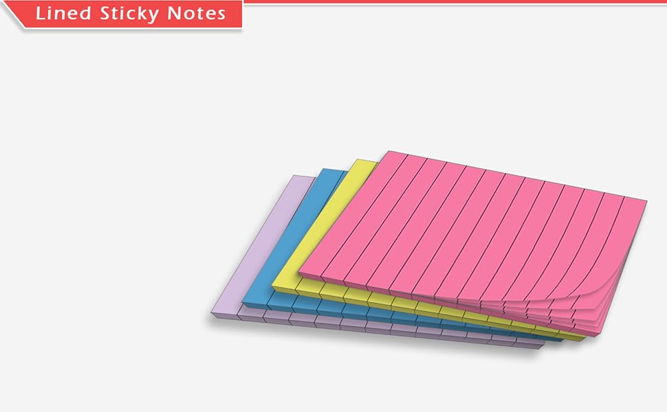 4 Pack Lined Sticky Notes, 200 Sheets Bright Color Lined Sticky Notes ...