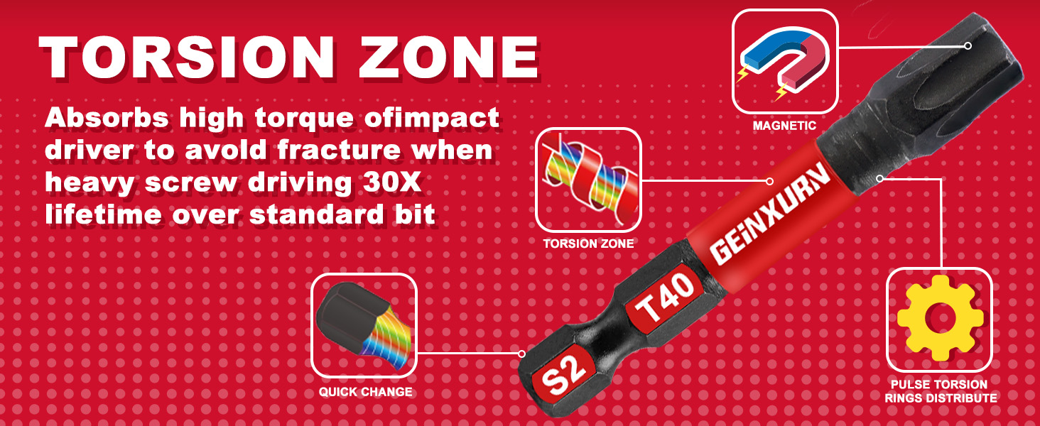 Geinxurn 5 Pieces T40 2 In. Impact Tough Magnetic Insert Bit Set, #40 Torx Head Power Bits, S2 ...