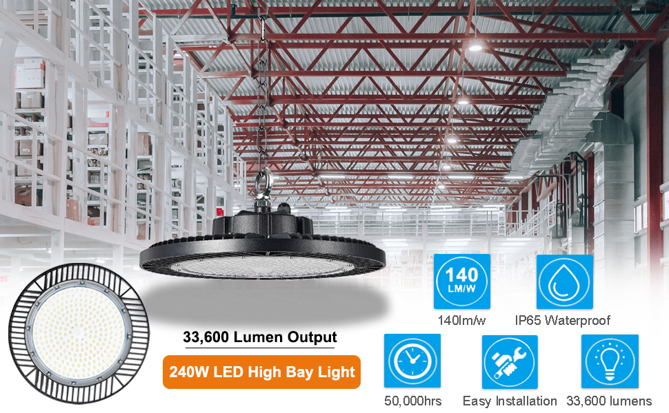 240W High Bay LED Light 6 Pack, 33600lm (Eqv.1000W HID/HPS) 100-277V, IP65, 5000K UFO LED High ...
