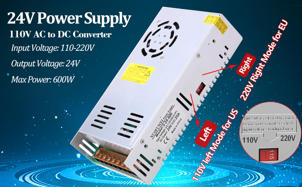 Amazon.com: DC 24V 25A 600W Switching Power Supply Adapter 110V AC to 24V DC Converter Power ...