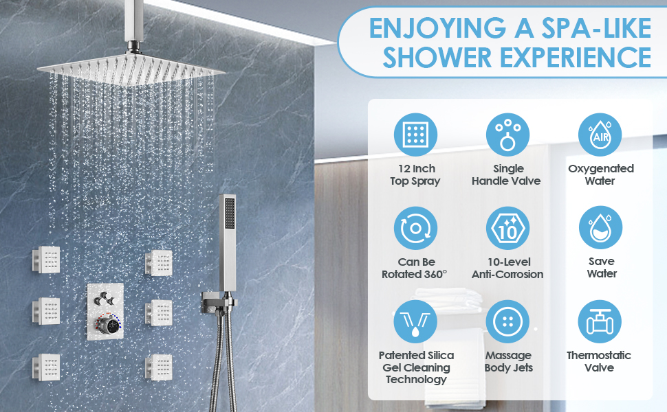 Shower System with Body Jets: EVERSTEIN Luxury Thermostatic Shower Faucet Sets 12 Inch Rain ...