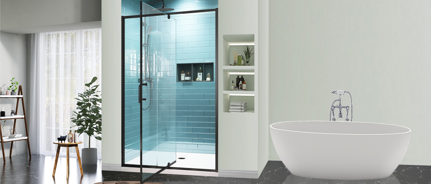 GroGro 44-48" W x 71" H Semi-Frameless Pivot Swing Glass Shower Door,with 1/4"(6mm) Clear SGCC ...