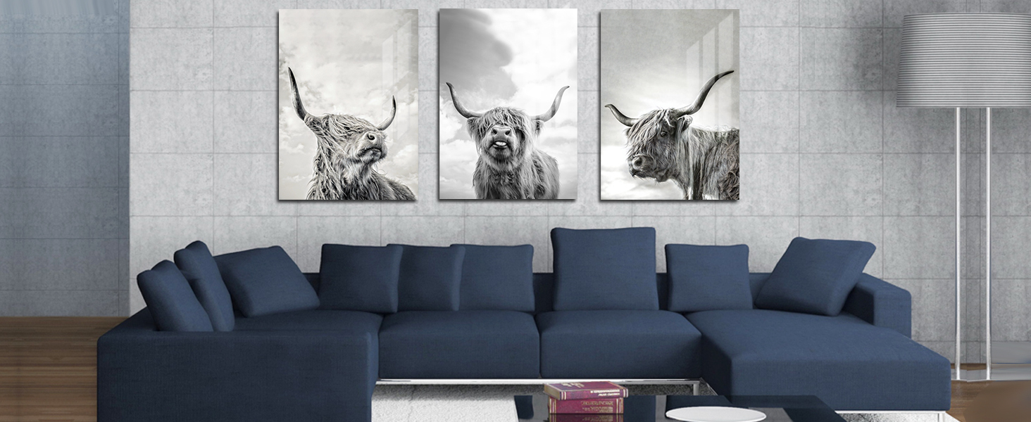 Amazon.de: LXTOPN Hochlandrind Leinwand Bilder, highland cow bild, 3er Set Schwarz-Weiß hochland ...