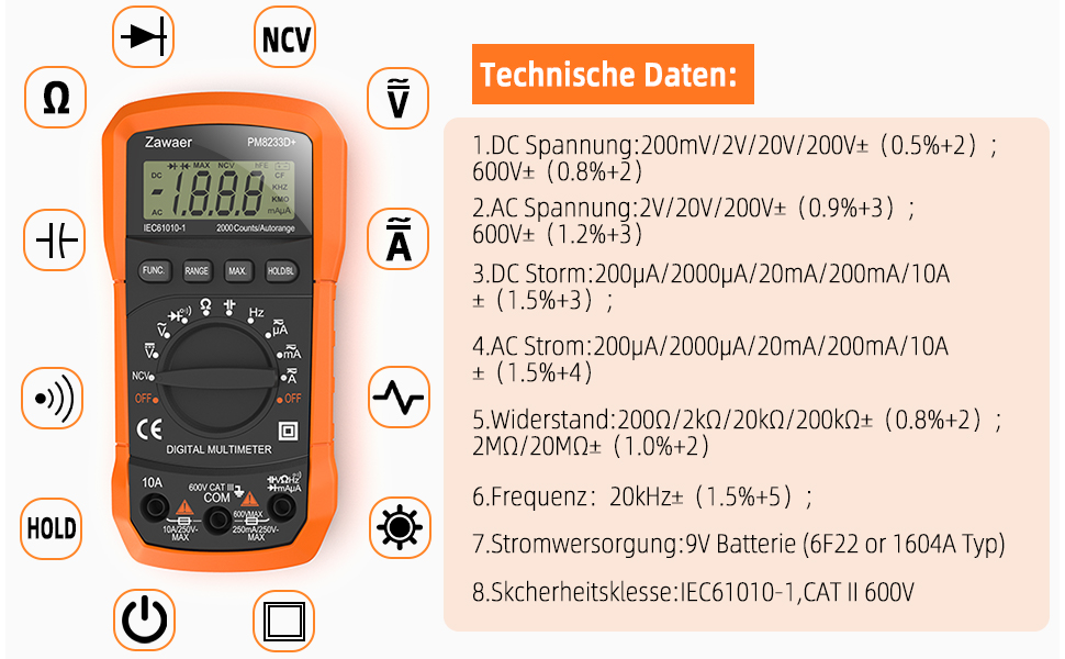 Zawaer Digital Multimeter, Auto-Rang Strommessgerät, AC/DC-Ampere-Ohm-Spannungsprüfer ...