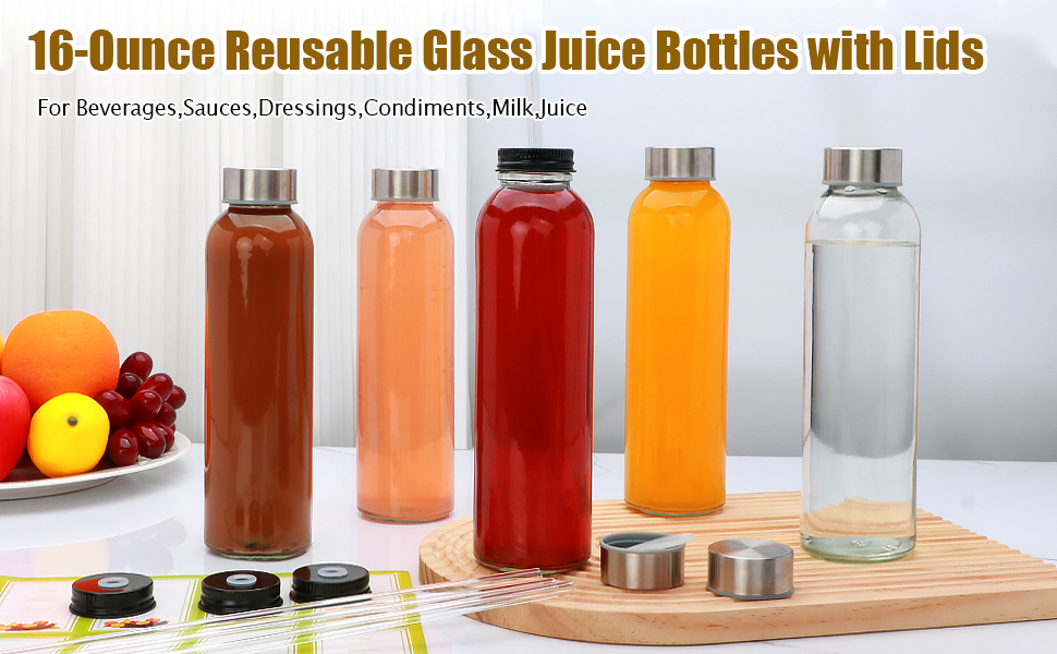 Amazon.com: Encheng 16oz Glass Bottles,Reusable Glass Juice Bottles with Lids and Straws,Set of ...