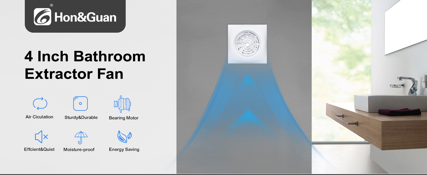 Hon&Guan 100mm / 4 Inch Bathroom Extractor Fan Axial Ventilation Extractor Fans with Plug 80m³/h ...