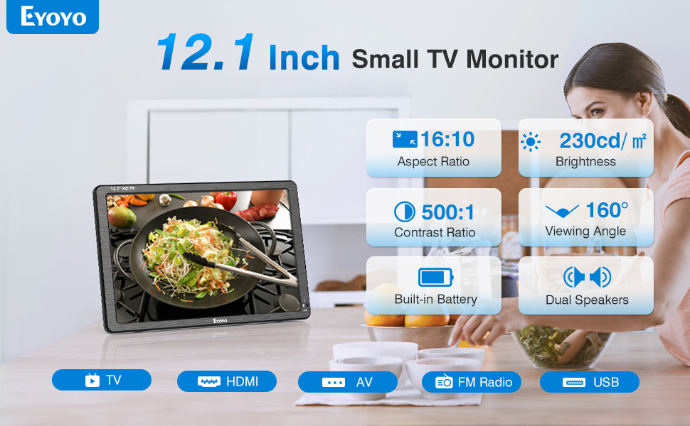 Amazon.com: Eyoyo 12 Inch Portable TV with Dual Tuner ATSC and NTSC, 1366x768 Small TV Monitor ...