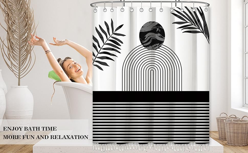 Amazon.com: GiuMsi 72"X72" Black and White Boho Shower Curtain Sets,Tassel, Sun, Modern Leaves ...